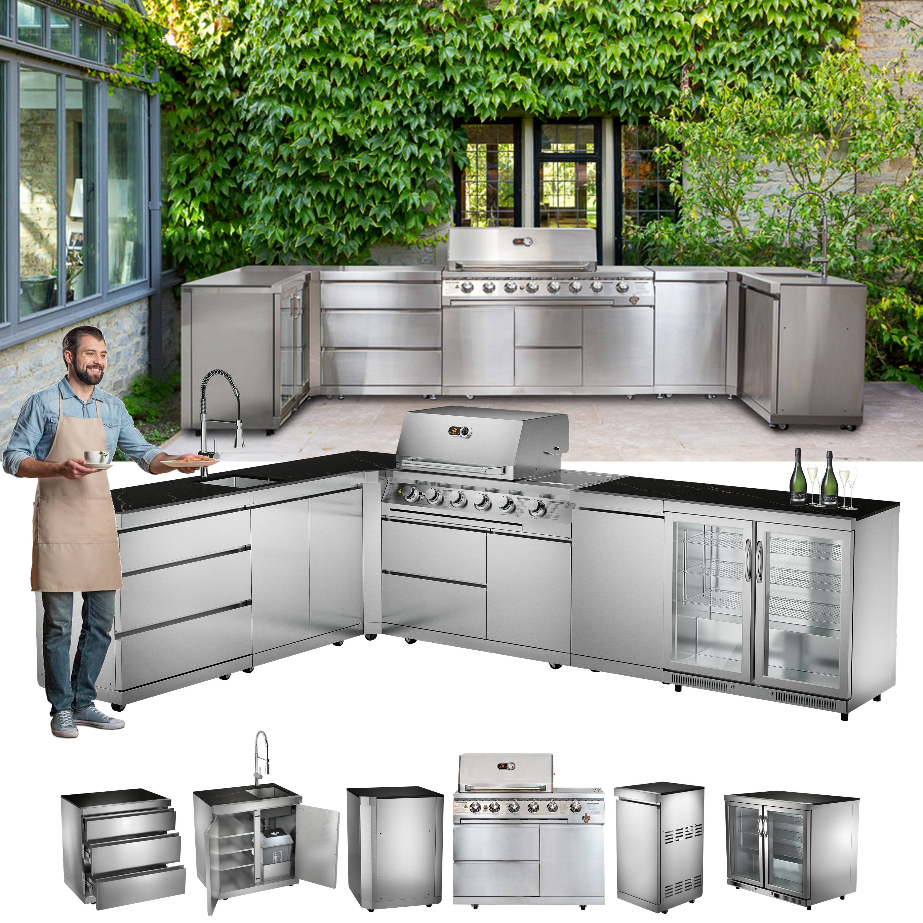 Whistler Stroud "L" Shape - 6pc Outdoor Kitchen BBQ 4 Burner BBQ Fridge ...